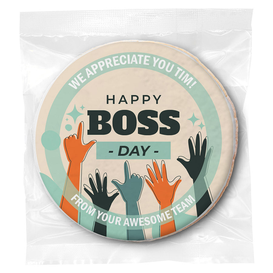Happy Boss Day Raised Hands - Personalized Round Sugar Cookie ...