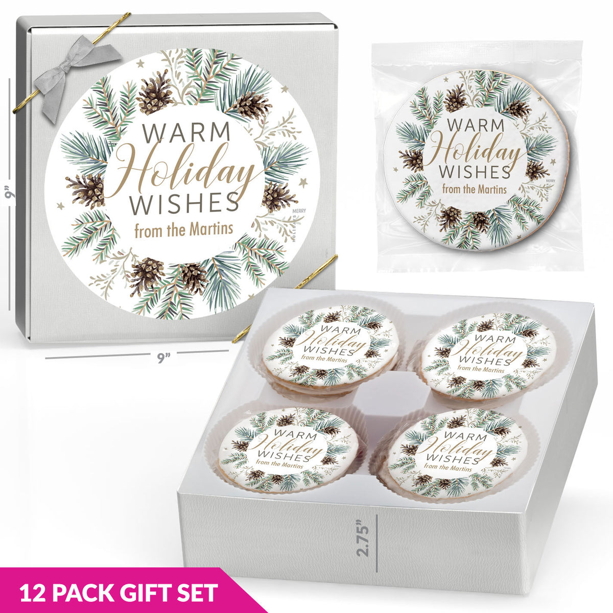 Warm Wishes Pine Wreath Cookie Gift Boxes | Personalized Printed Sugar ...